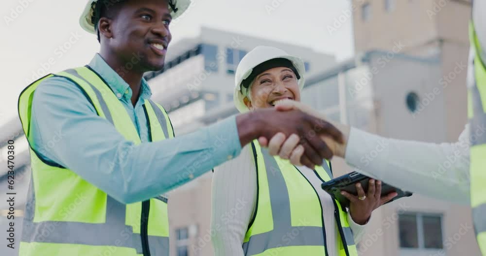 Handshake, architecture and people on construction site for planning ...