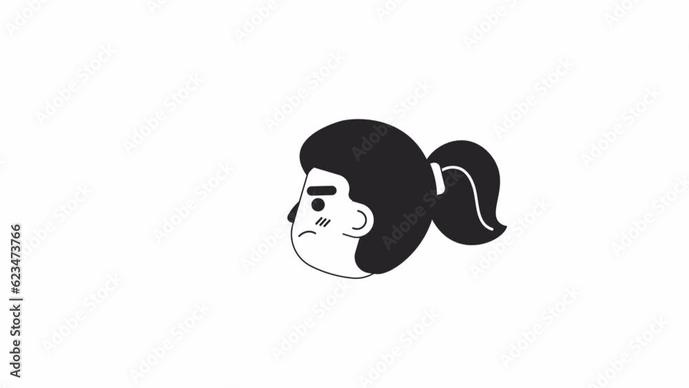 Angry girl with ponytail side view bw 2D avatar icon animation. Young ...