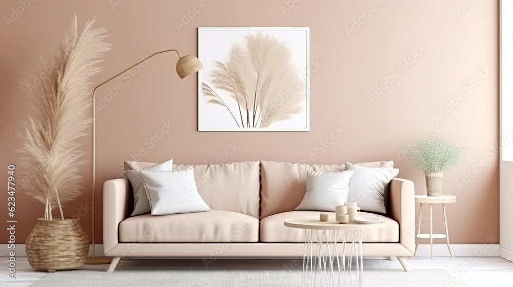 living room interior backdrop sofa with photo frame decorative on the ...