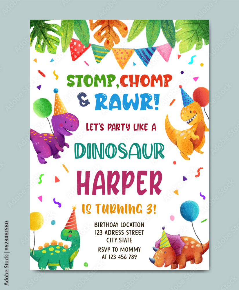 Birthday invitation card with dinosaur theme watercolor background ...