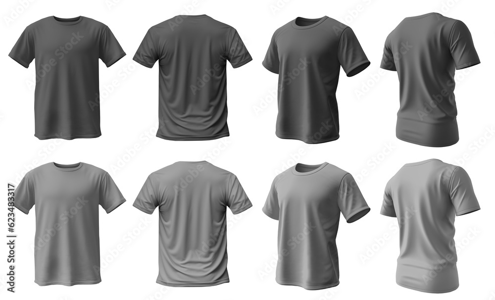 2 Set of dark light grey tee t shirt round neck front, back and side ...