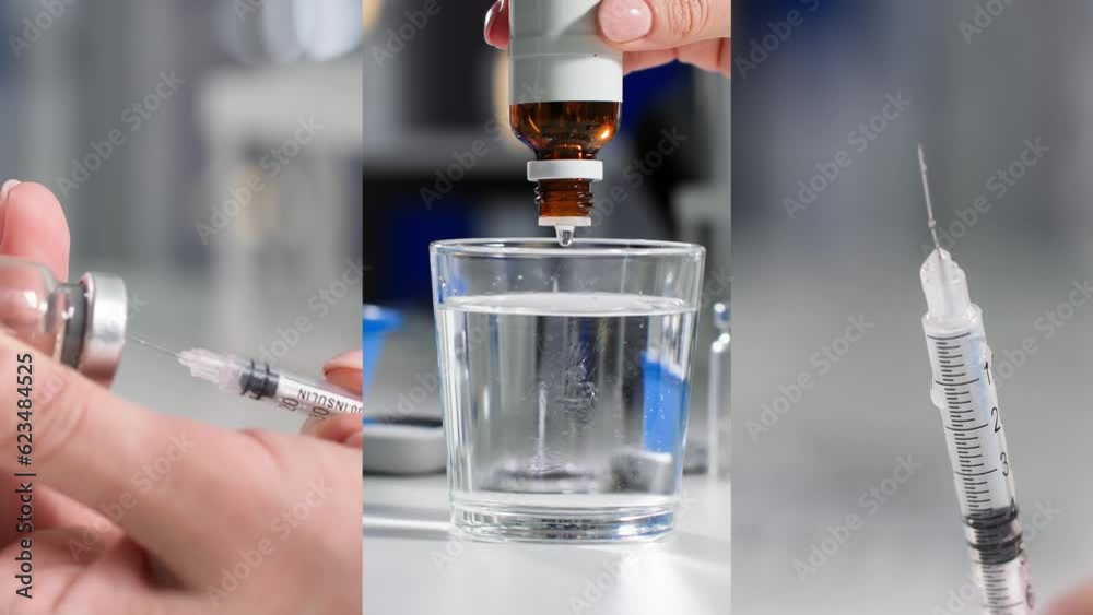 concept of medicine, woman hand drips medicine into a glass of water ...
