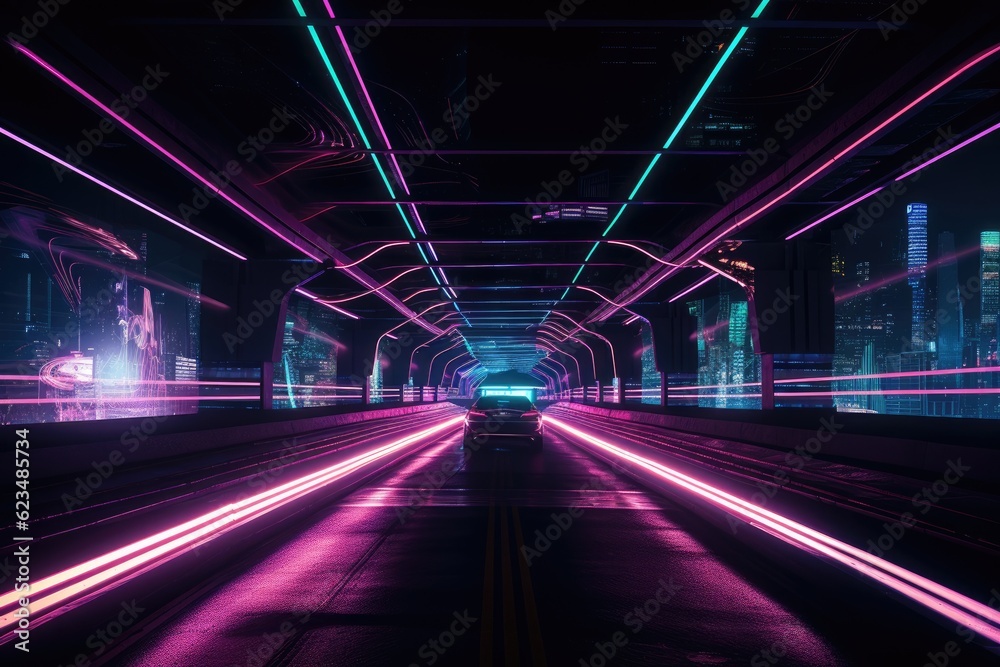 Neon Color Motion On Speedway. Scifi illustration with neon lights and ...