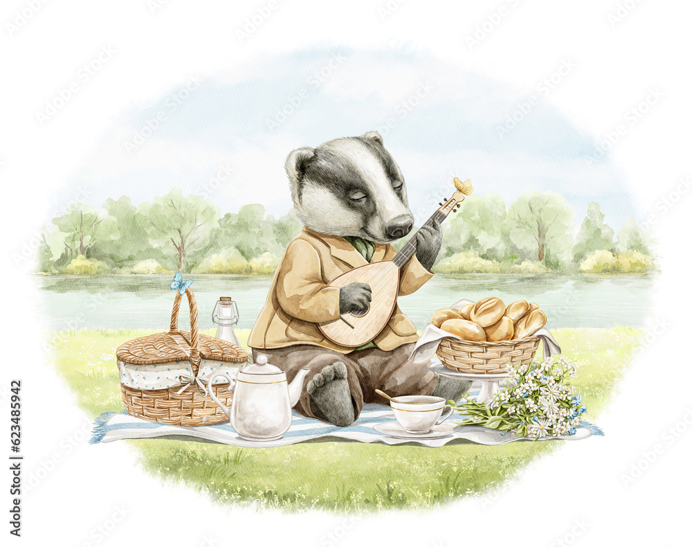 Watercolor vintage summer composition with badger musician in clothes ...
