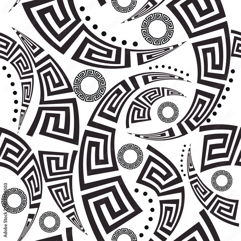 Greek style black and white hand drawn seamless pattern. Abstract ...