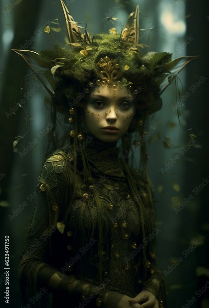 Portrait of an evil forest pixie standing in dark green forest looking ...