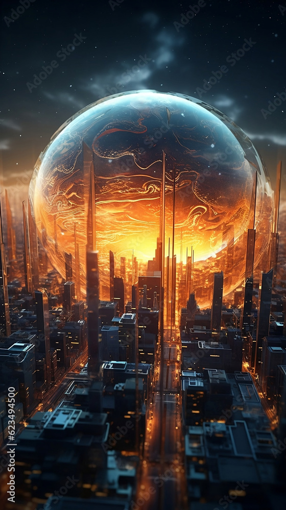 A gigantic metallic sphere dome in the middle of city surround by ...