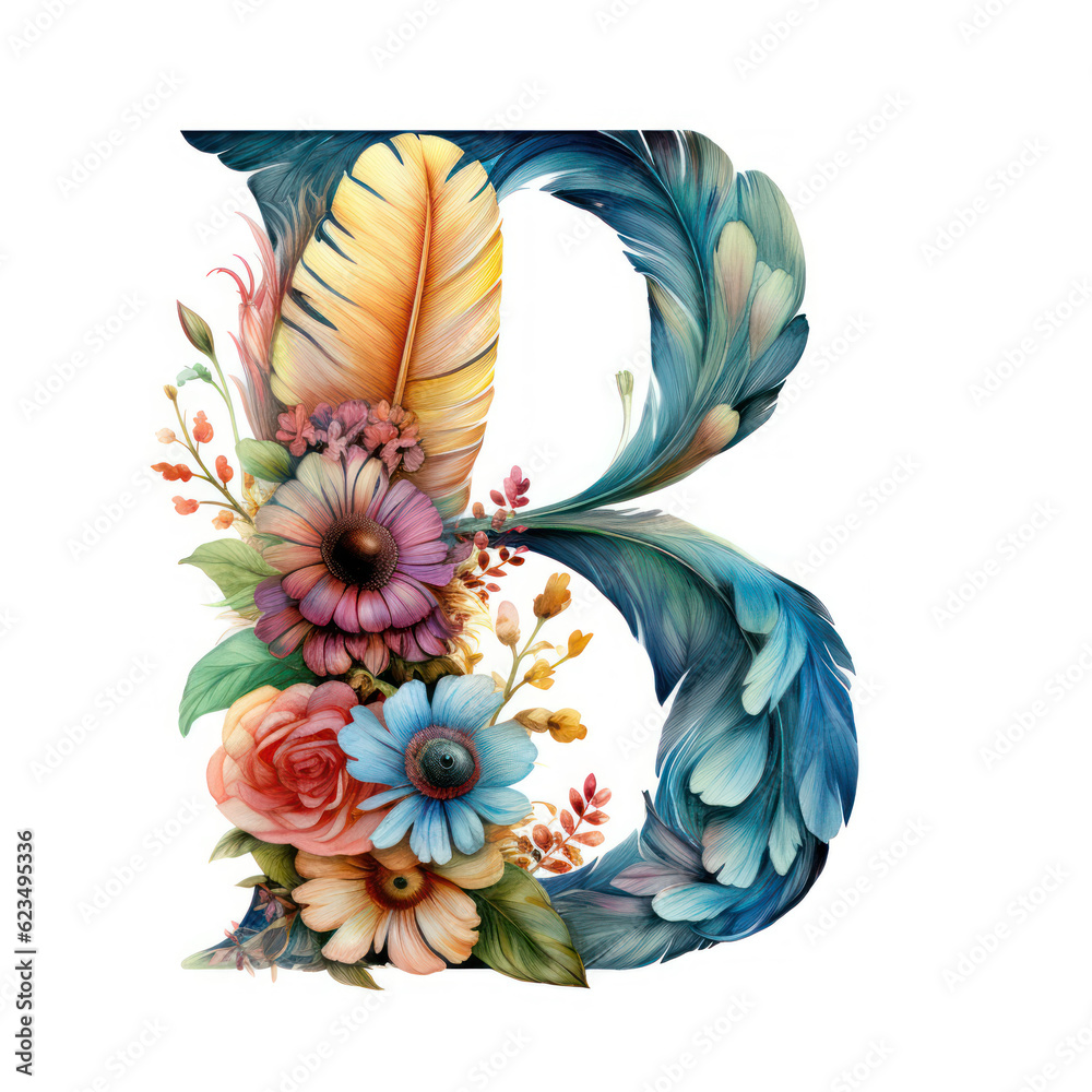 letter B in ornate colourful watercolour feather illustration style ...