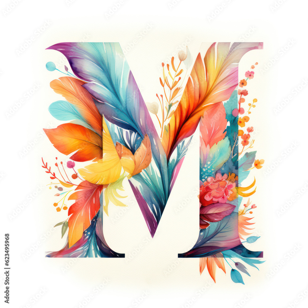 letter M in ornate colourful watercolour feather illustration style ...