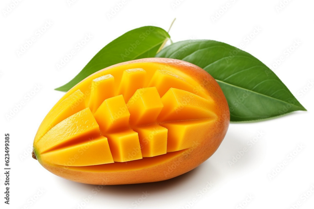 Ripe fresh whole half mango with slices and leaves isolated on white ...