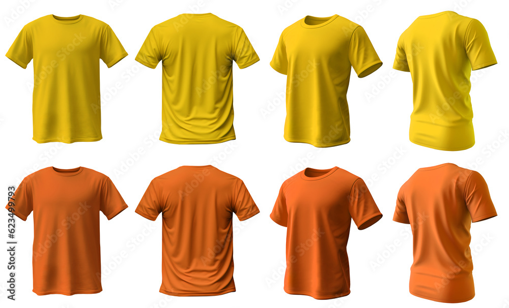 2 Set of yellow orange tee t shirt round neck front, back and side view ...