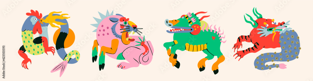 Monster or Beast set. Cute abstract characters. Cartoon trendy unique ...
