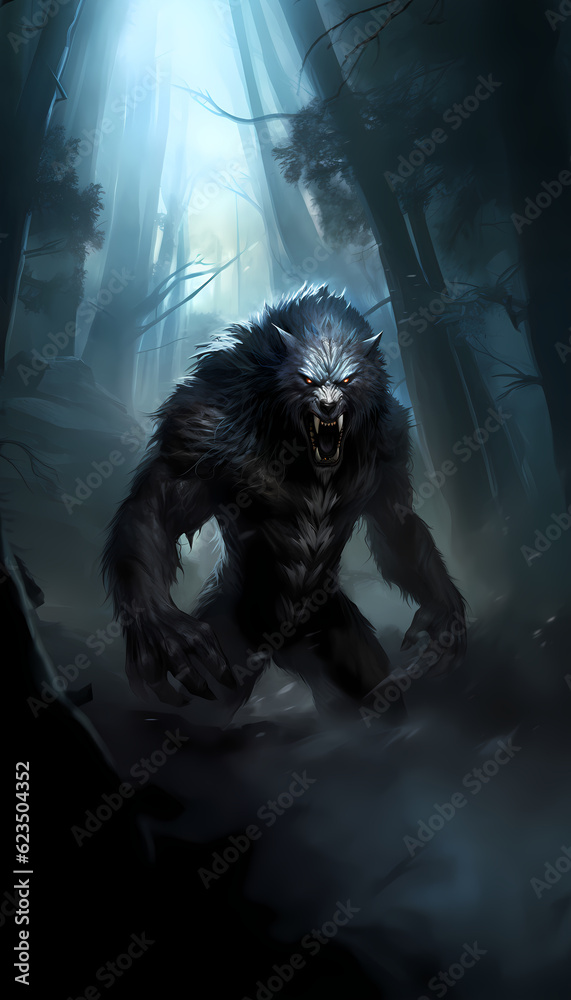 Depict a powerful and charismatic werewolf as the alpha of the pack ...