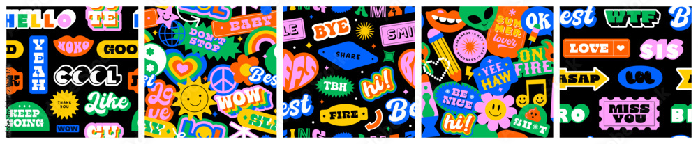 Colorful funny happy face label seamless pattern set. Collection of ...