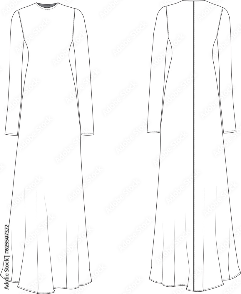 long sleeve lon maxi modest round crew neck dress technical drawing ...