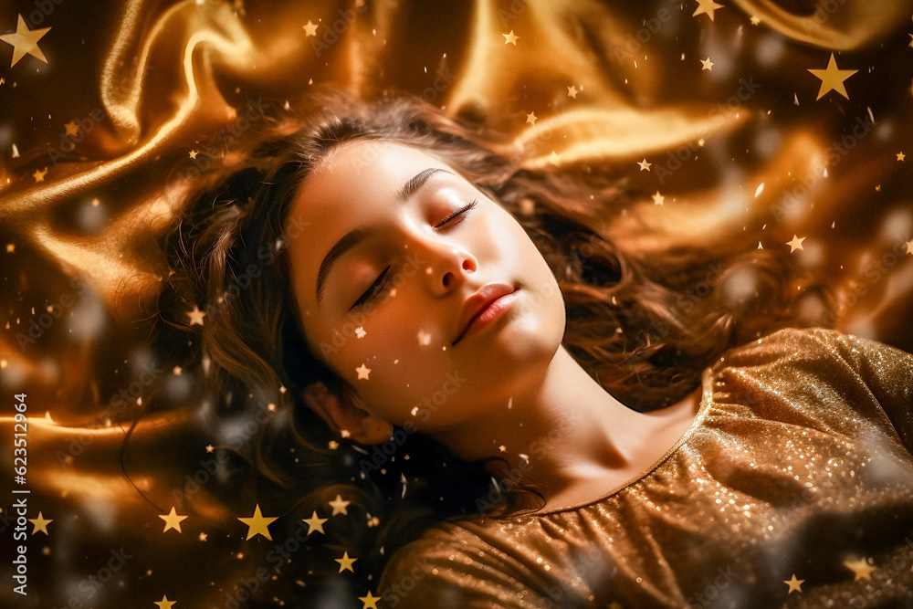 Sleeping Beauty: Girl Sleeping in Cozy Bed Surrounded by Golden Stars ...
