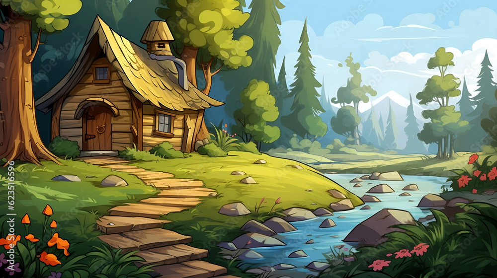 Cartoon illustration of hut and river flowing beside it , Kids cartoon ...