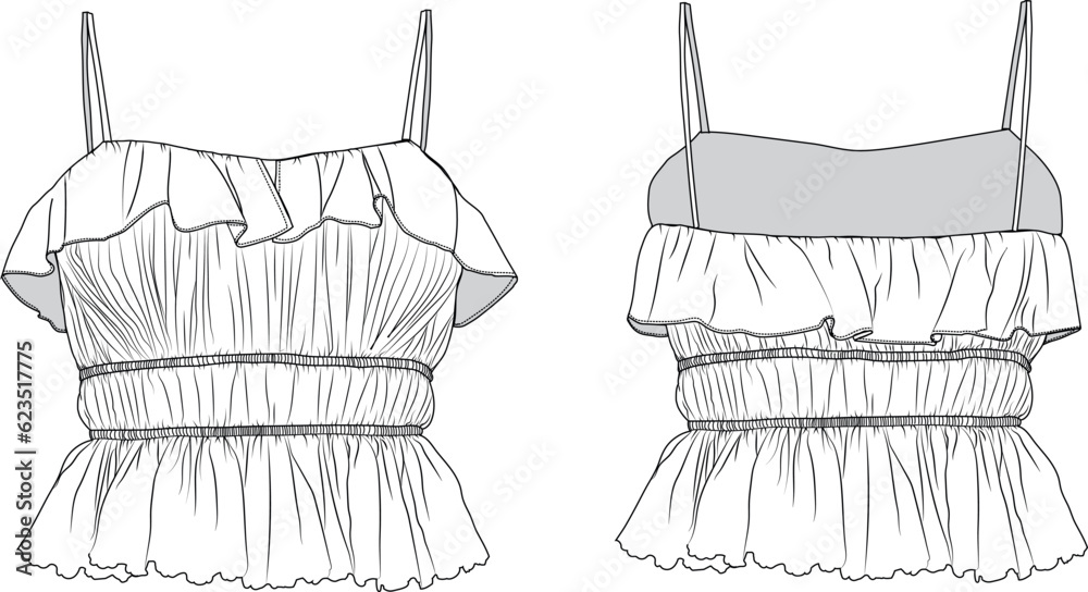 frilly blouse fashion technical drawing flat drawings Stock Vector ...