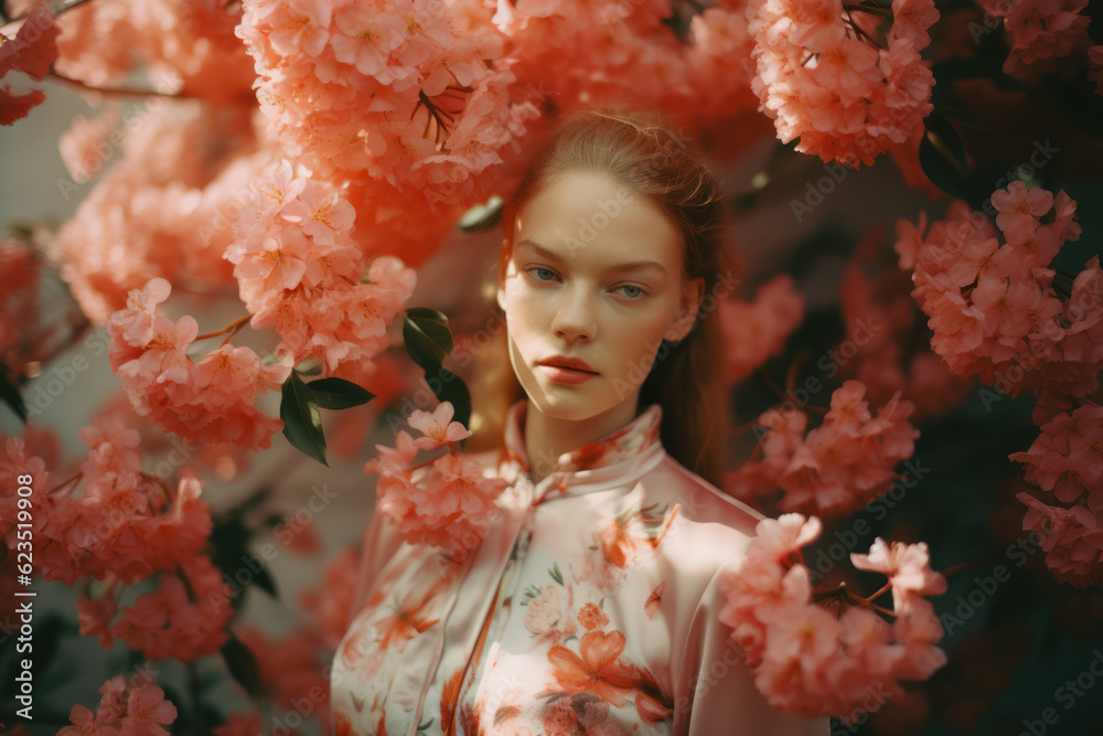 portrait of a woman/model/book character surrounded by flowers in warm ...
