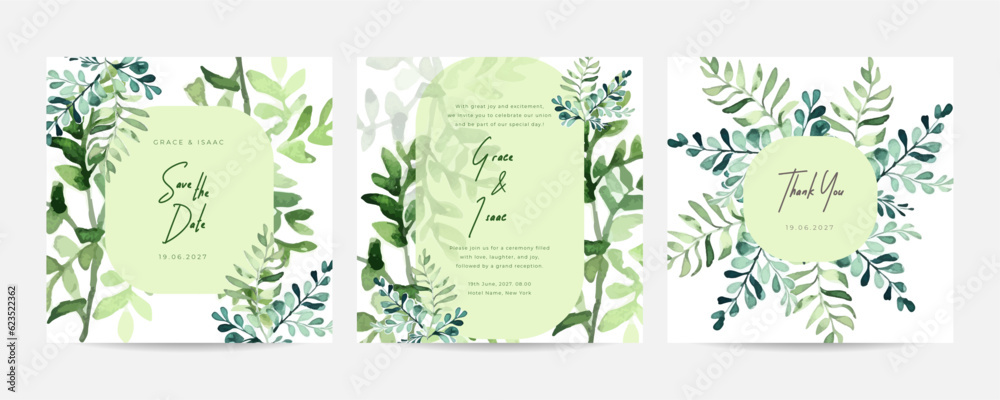 Wedding invitation card template set with green eucalyptus leaves and ...