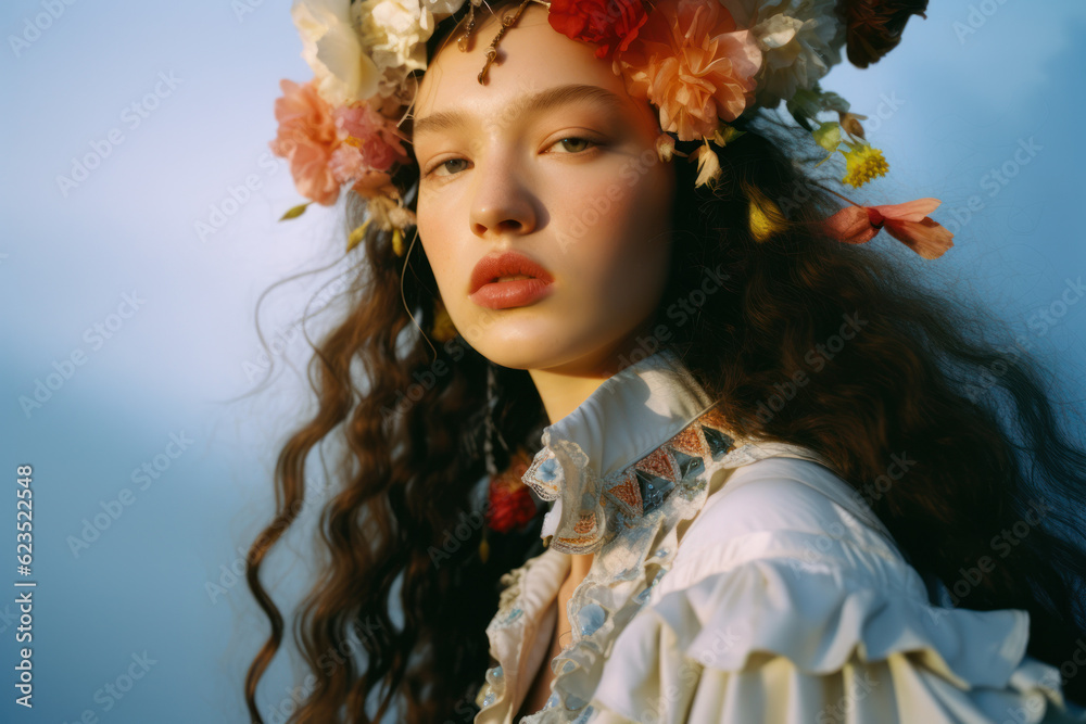 portrait of a woman/model/book character surrounded by flowers in warm ...