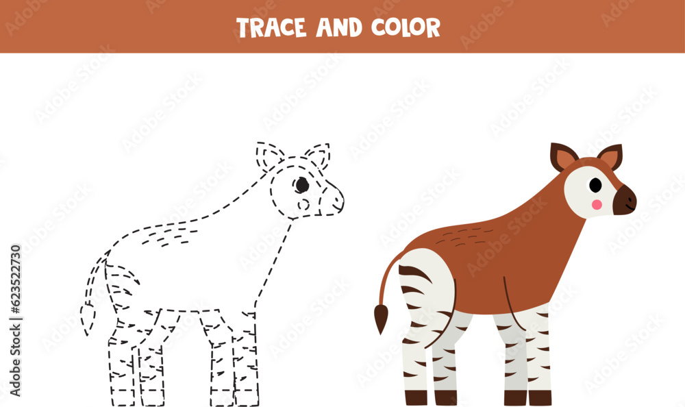 Trace and color cartoon okapi. Worksheet for children. Stock Vector ...