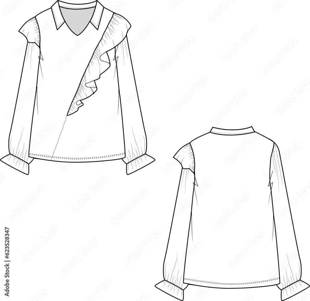 Fashion one side shoulder Ruffle Sleeve gathering Top flat sketch ...