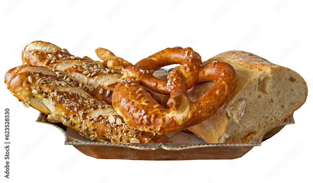 Bavarian bread in a silver basket,pretzel (Breze) and other white ...