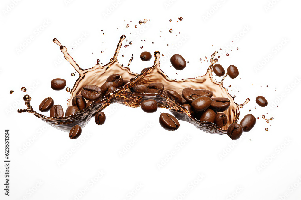 Splash of liquid coffee with coffee beans falling in motion isolated on ...