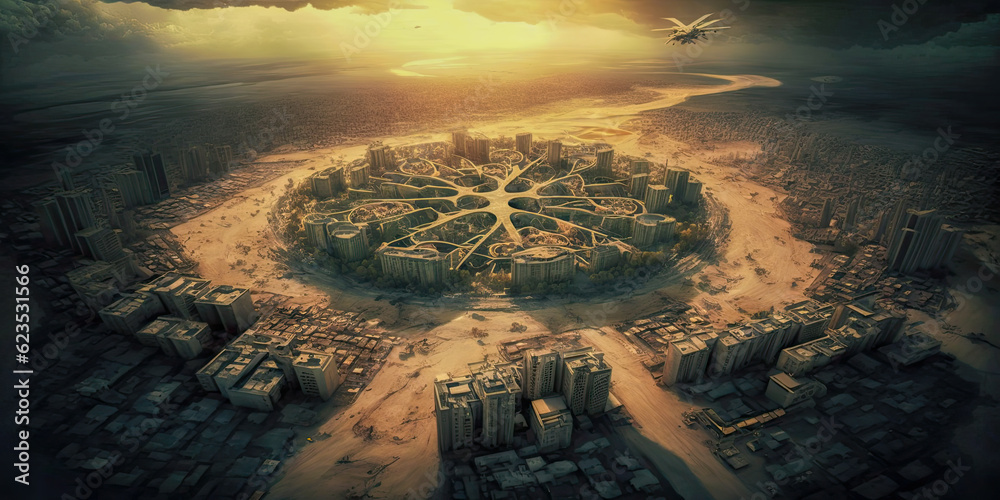 An eerie aerial view of a city destroyed by a nuclear disaster. The ...
