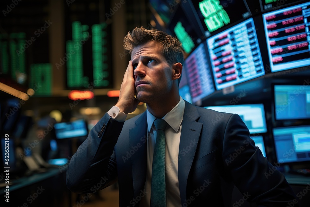 Stock market crash, man looks worried at financial graph charts ...