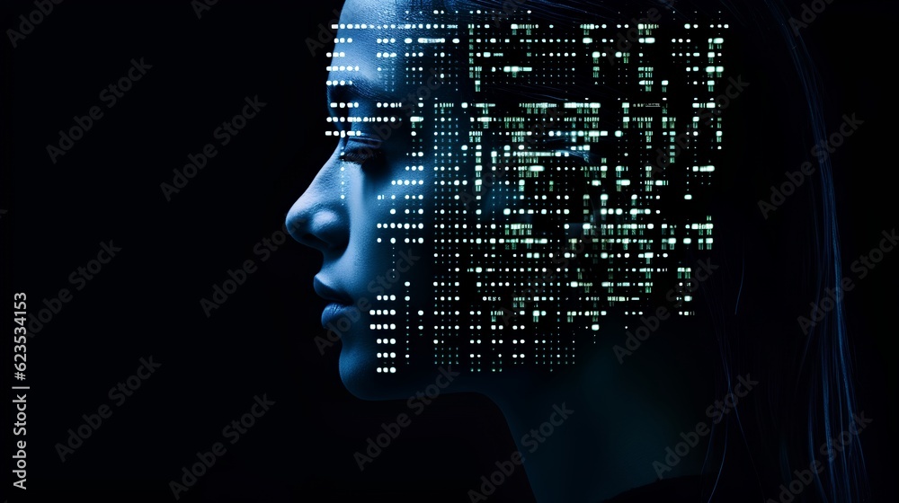 The concept of human-computer interaction - HCI. A person with binary code projected onto their ...