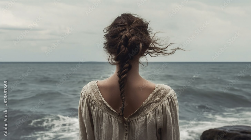 ai generative back view of a young woman in front of the see as a free ...