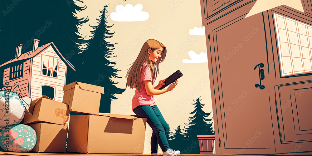 An illustration of a happy young girl moving to a new house. She is ...