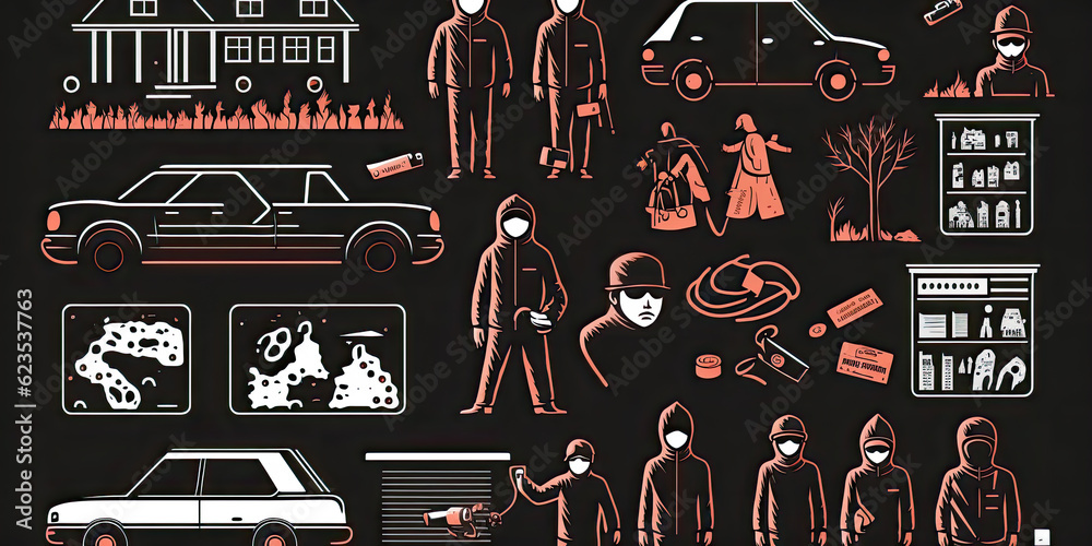 Pictogram depicts various criminal activities and criminals ...