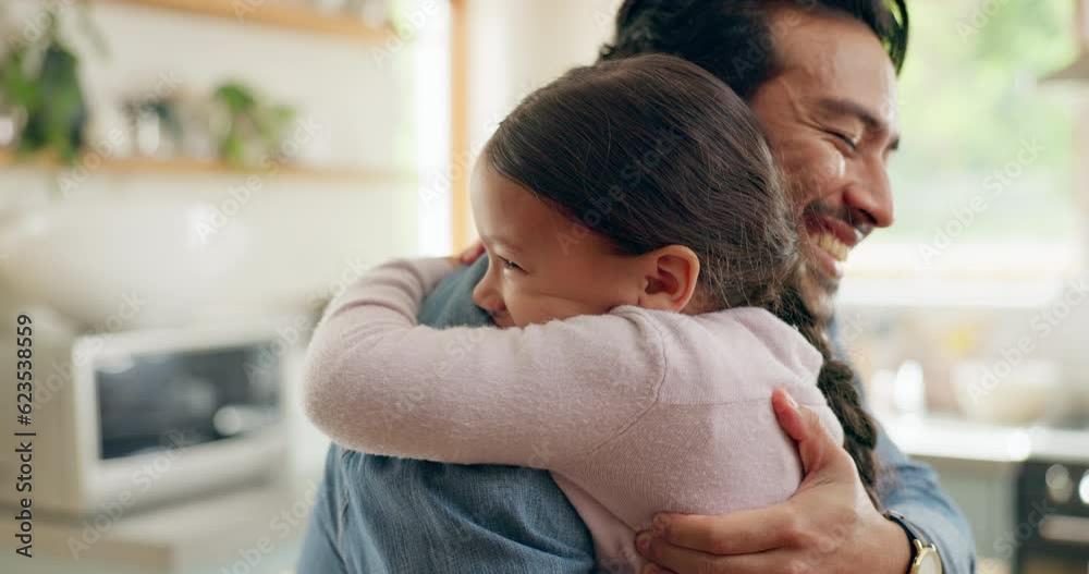 Children, father and daughter hug in the kitchen for love, trust or ...