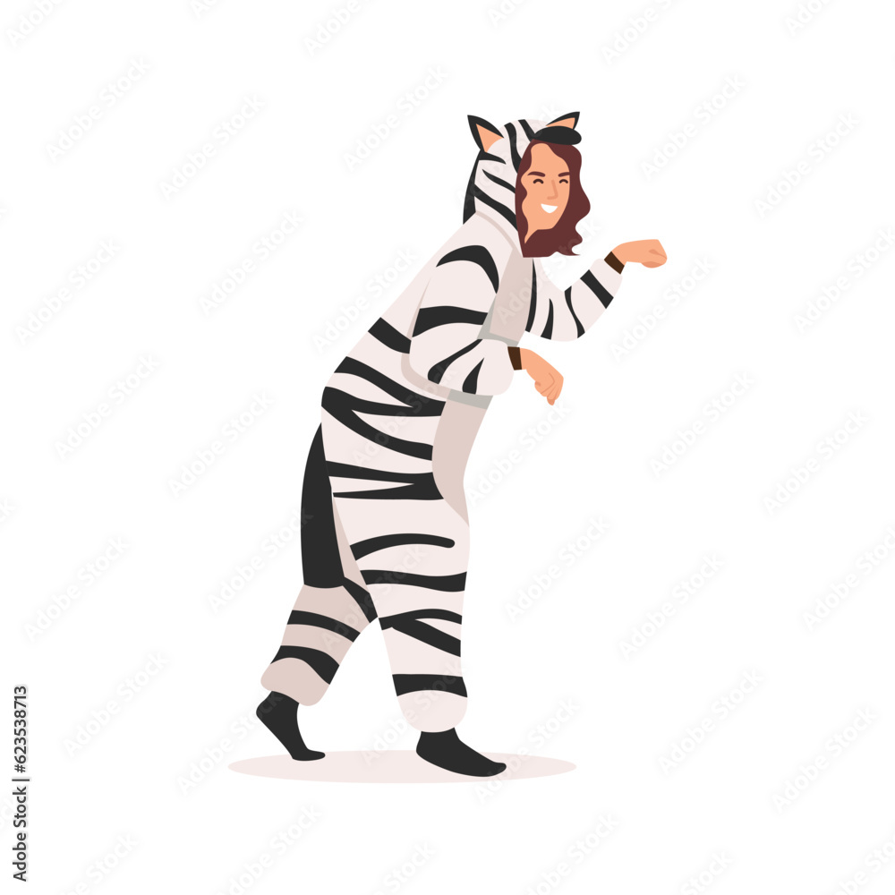 Funny young girl in kigurumi with zebra. Female character standing in ...