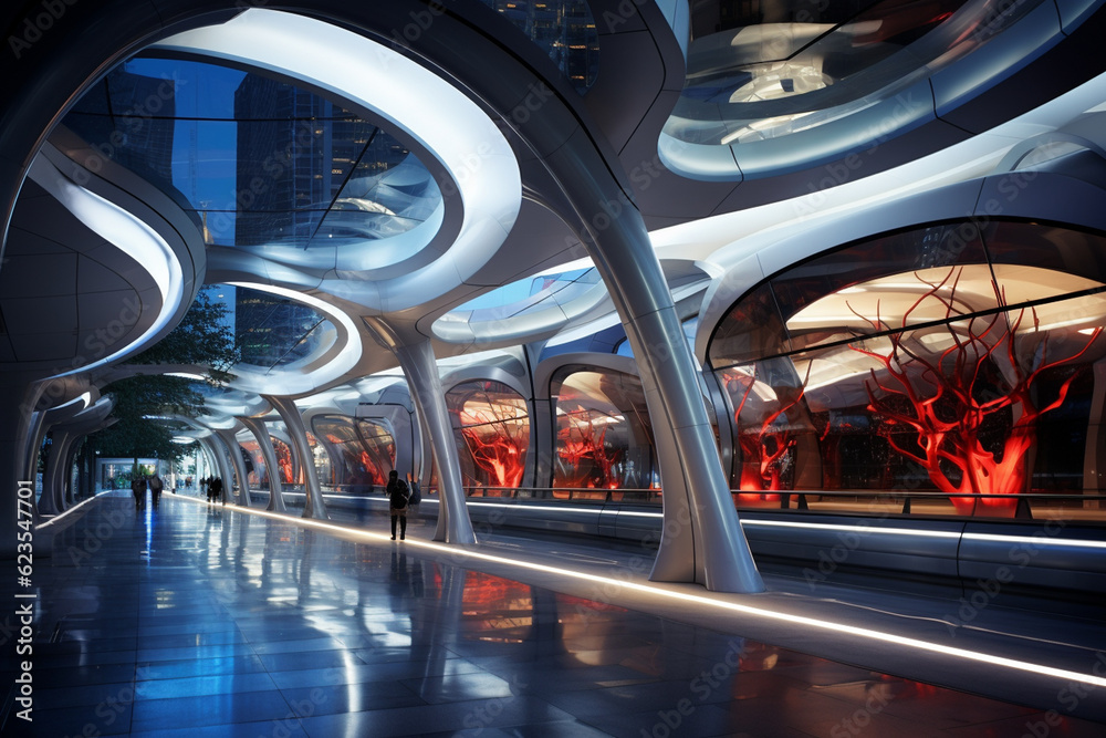 a modern and futuristic metro station, with sleek lines, glass walls ...