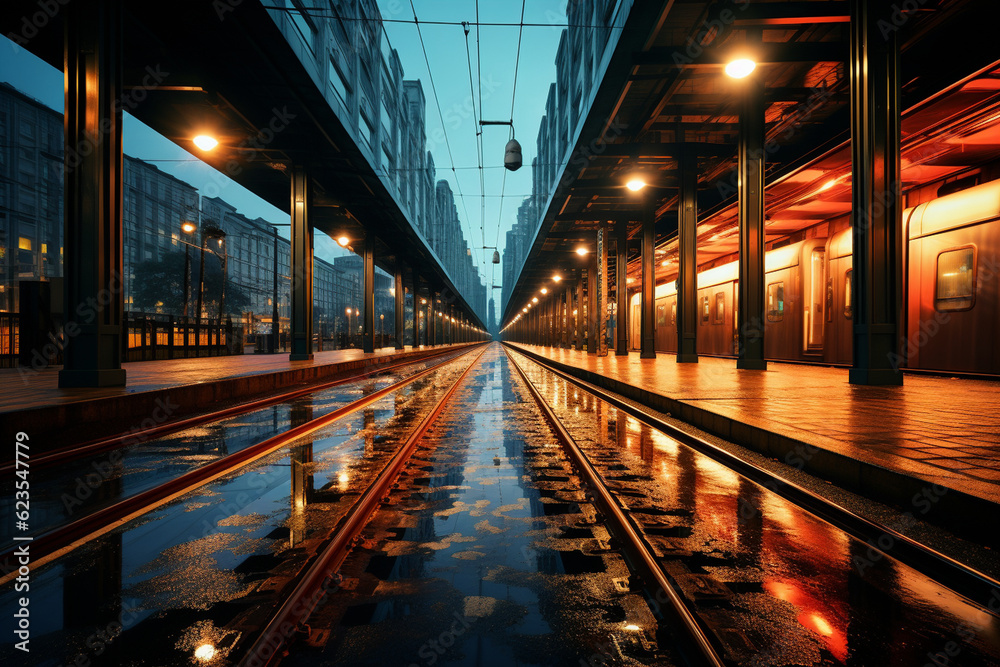 metro tracks from a low angle, highlighting the symmetry and capturing ...