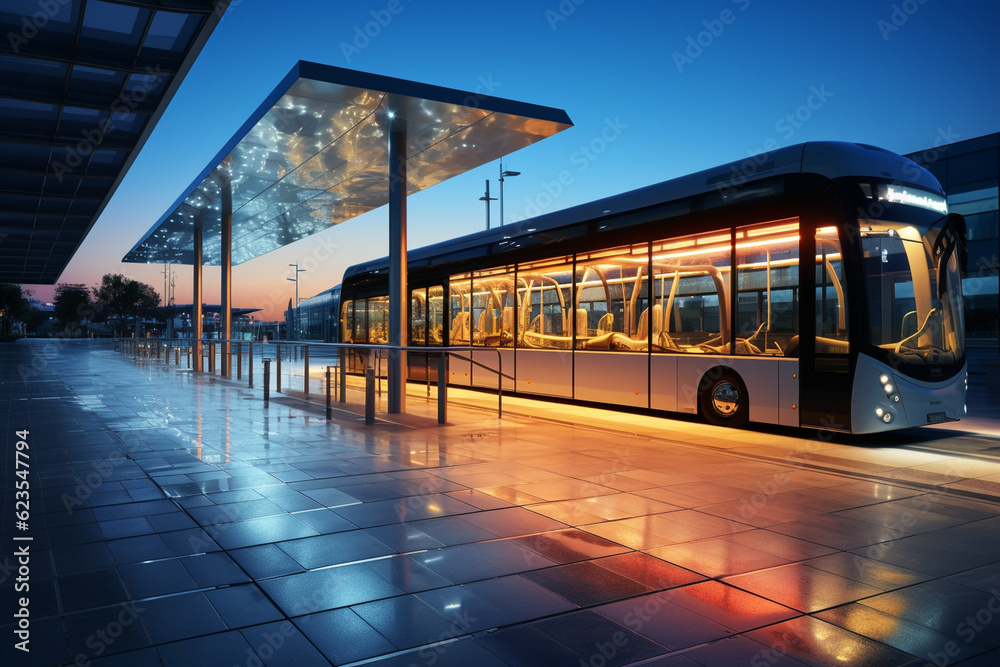 the sleek and modern design of a bus station, with clean lines, glass ...