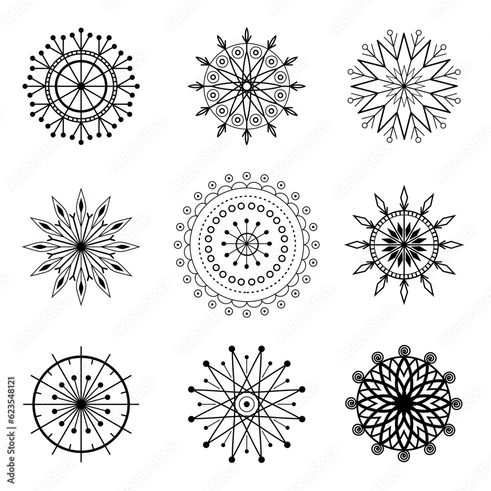 Mandal ornament vector illustration, 9 small mandals in white ...