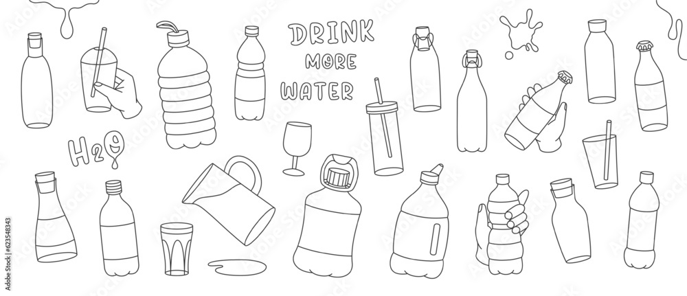 Water bottles outline sketch set. Drink more water. Plastic water ...
