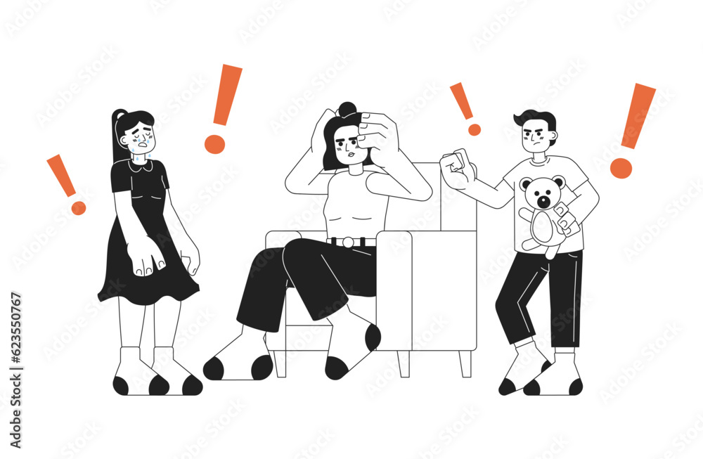 Bad parenting day monochrome vector spot illustration. Tired mom and ...