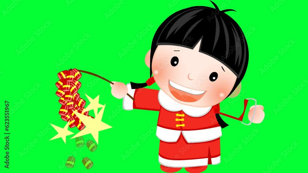 cartoon character with fire crackers background and 2d animation, green ...