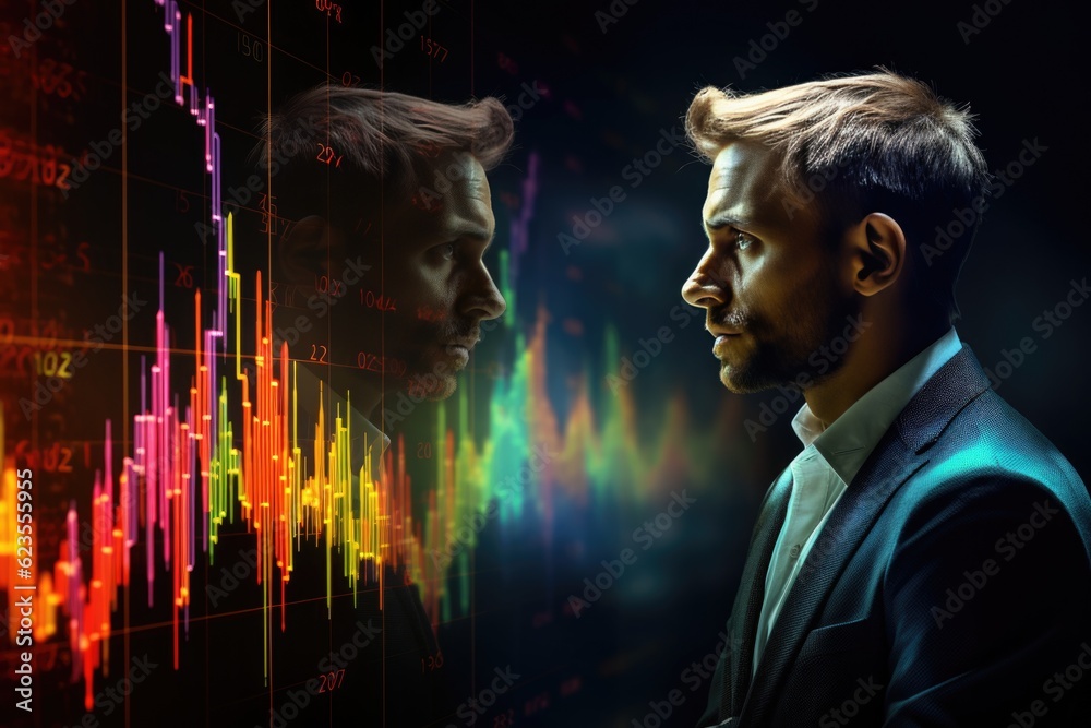 Stock market crash, man looks worried at financial graph charts ...