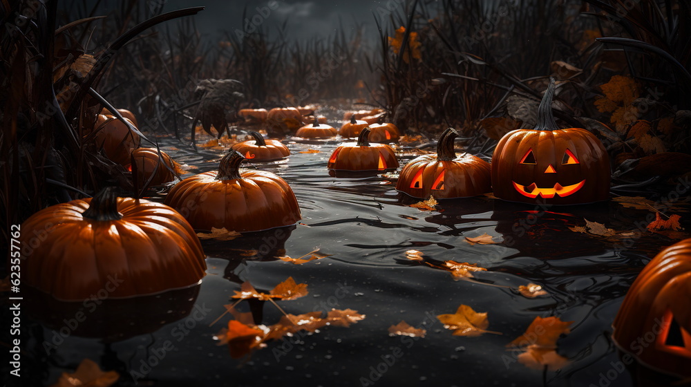 Conceptual wallpaper for Halloween with pumpkins with faces floating in ...