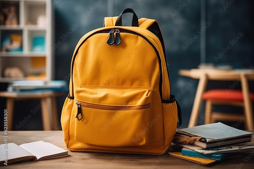 School classroom. New school bag on a student's desk in the classroom ...