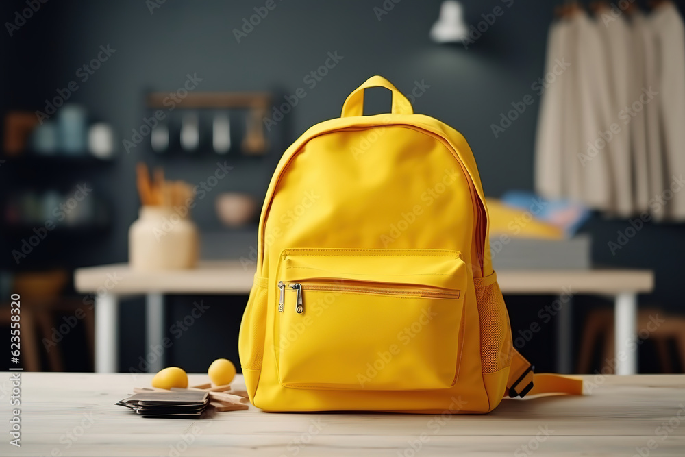 School classroom. New school bag on a student's desk in the classroom ...
