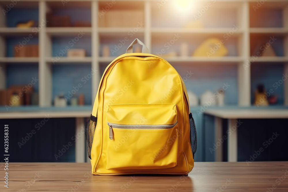 School classroom. New school bag on a student's desk in the classroom ...
