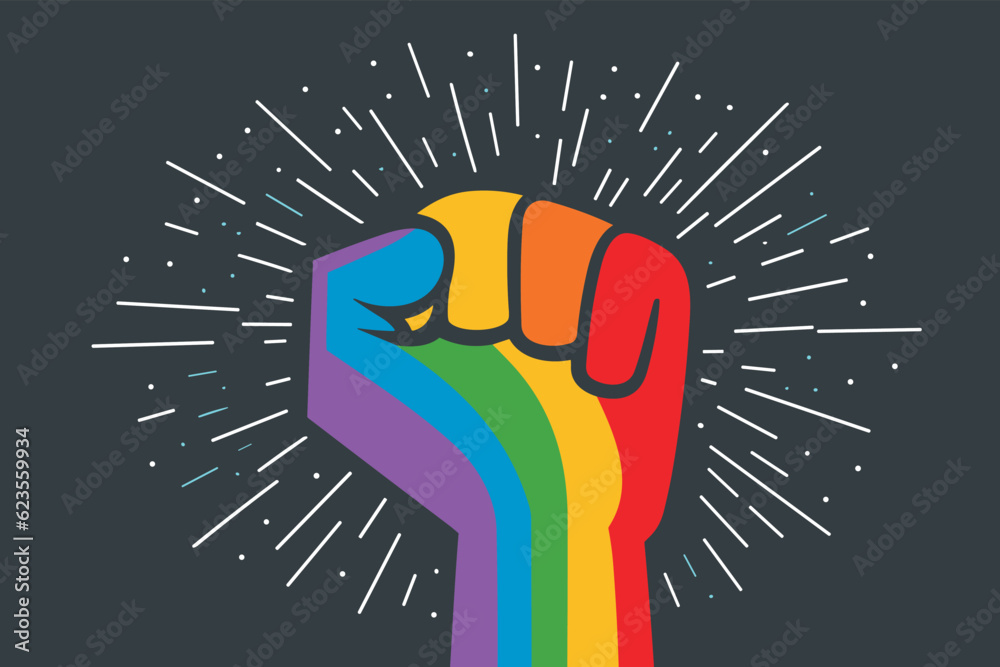 Lgbt hand on the background of firework. Colored fingers in fist. A ...